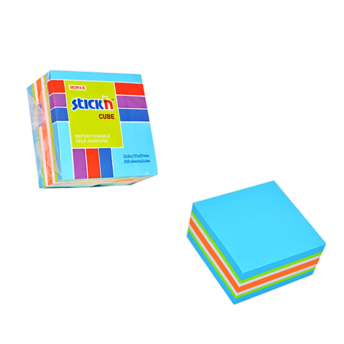 Stick'n Note Cube 51x51mm 250 Sheets Neon & Pastel Mix Blue Front ...