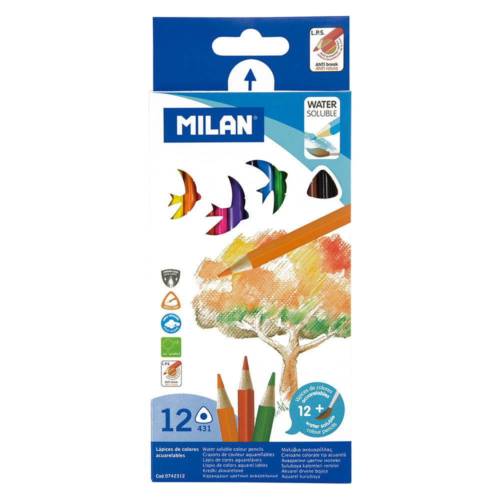 Milan Coloured Pencils Triangular Watercolour Pack 12 Assorted Colours ...