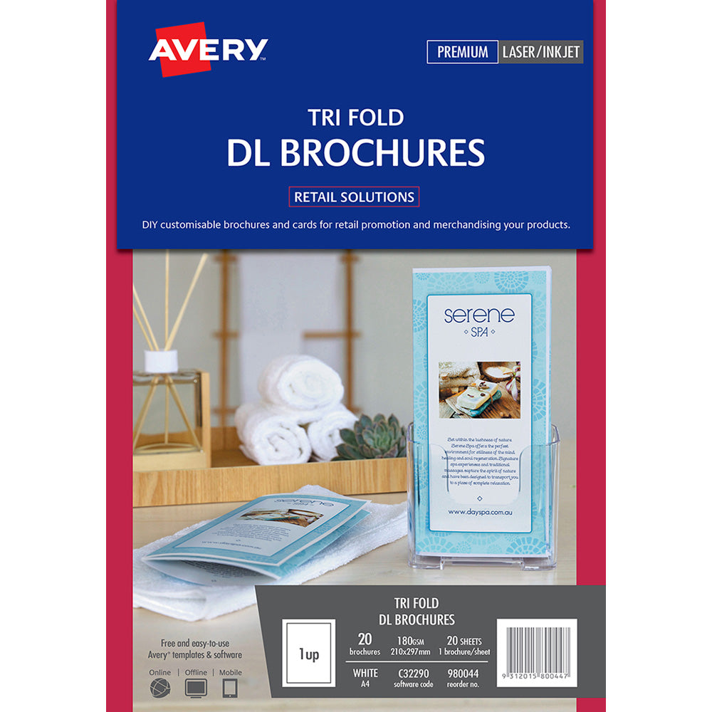 Avery Brochures Tri Fold DL A4 Inkjet Laser 1up 20 Sheets – Cafe Supply
